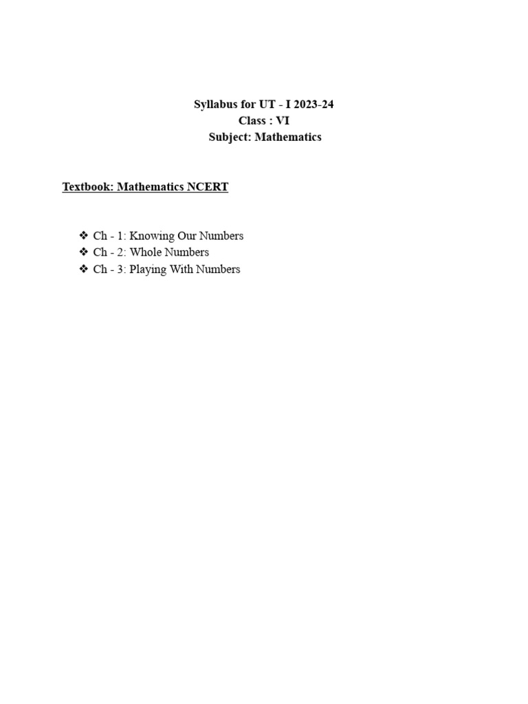 UT-I Math Syllabus Class VI 2023-24 | PDF