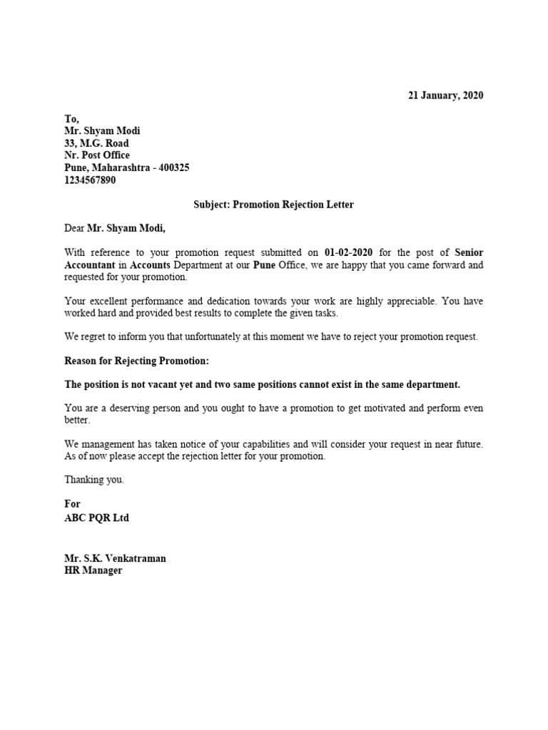 Promotion Rejection Notification | PDF