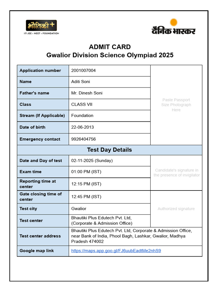 Gwalior Science Olympiad Admit Card 2025 | PDF | Identity Document ...