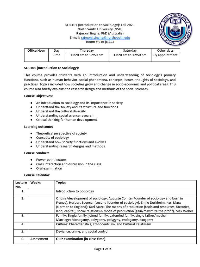 SOC101 Syllabus: Fall 2025 Overview | PDF | Sociology | Social Sciences