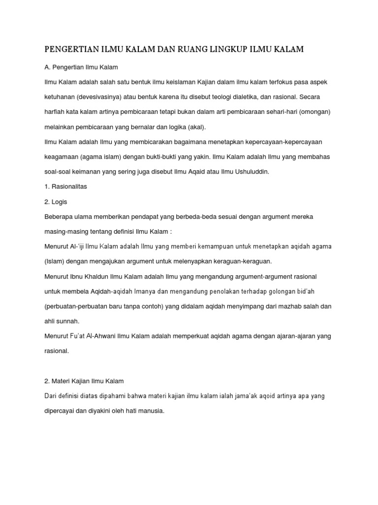 Pengertian Ilmu Kalam Dan Ruang Lingkup Ilmu Kalam | PDF