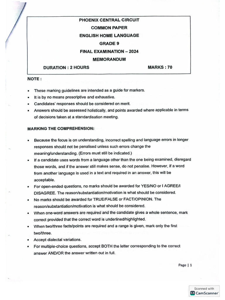 Grade 9 2024 Final Exam Memo | PDF