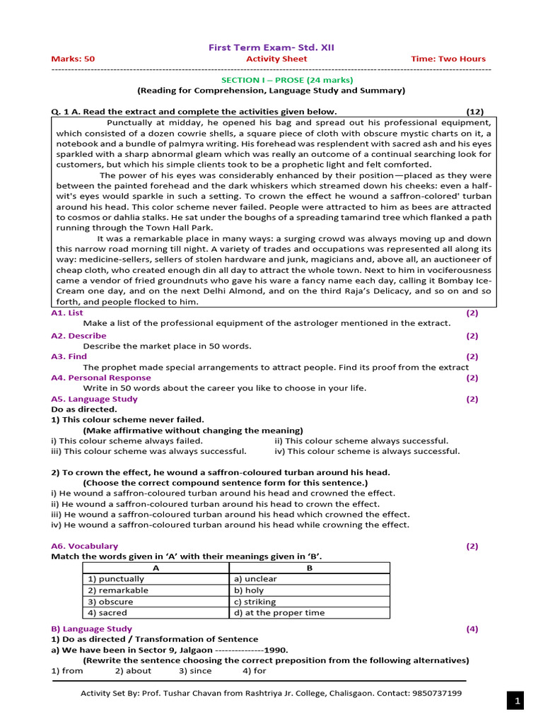 Std XII First Term Exam Activity Sheet | PDF | Human Resources | Human ...