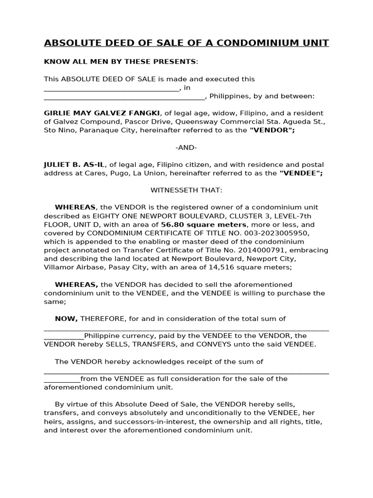 Absolute Deed of Sale of A Condominium Unit | PDF | Deed | Private Law
