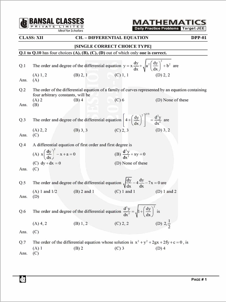 DPP-1 To 5 - Differential Equation | PDF | Calculus | Subtraction