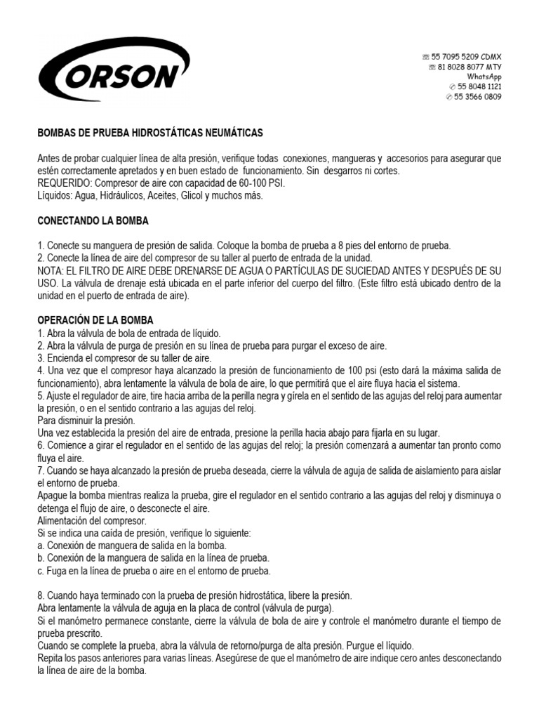 Bombas de Prueba Hidrostáticas Neumáticas | PDF | Presión | Bomba