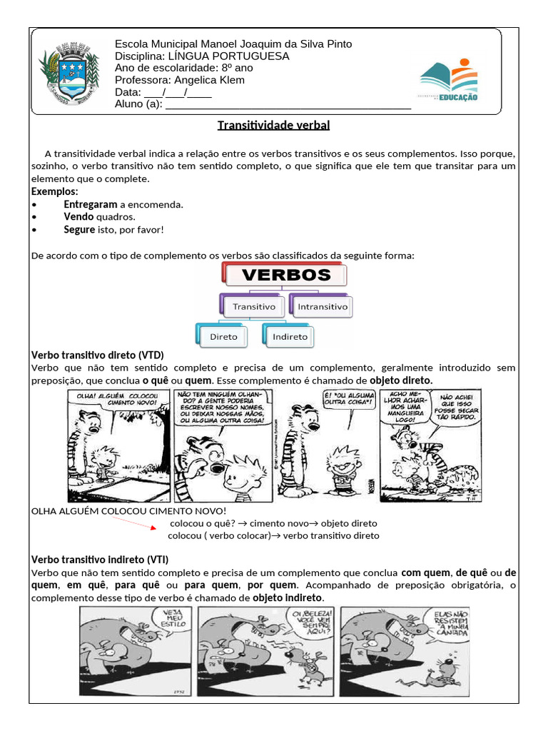 transitividade verbal | PDF | Objeto (gramática) | Famílias linguísticas