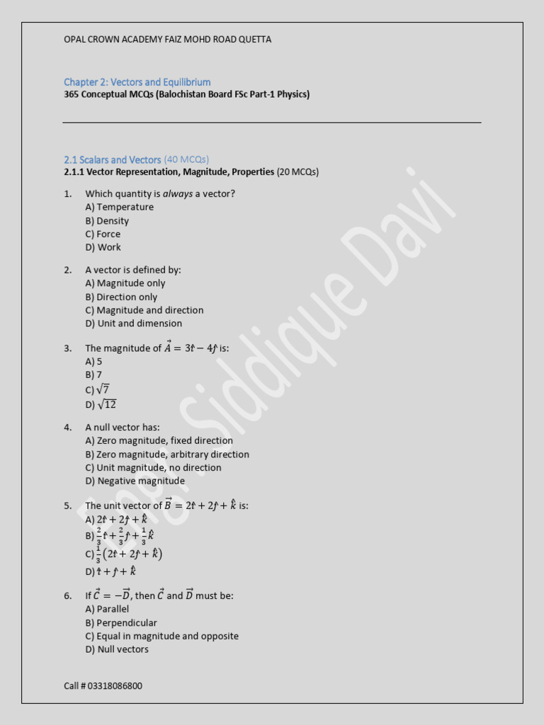 Physics Chapter 2 mcqs | PDF | Euclidean Vector | Cartesian Coordinate ...