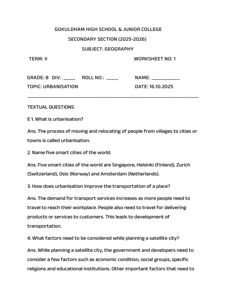 Grade 8 Geography Worksheet on Urbanisation | PDF | Urbanization | City
