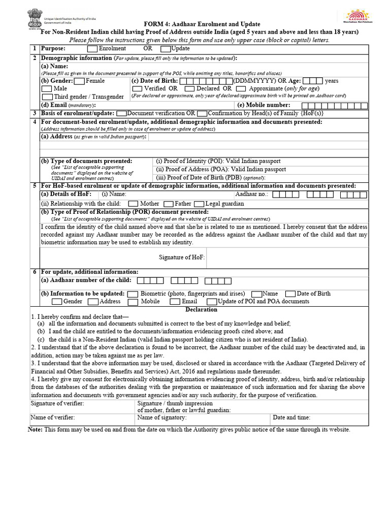 Aadhaar Form 4 for NRI Child Update | PDF | Identity Document ...