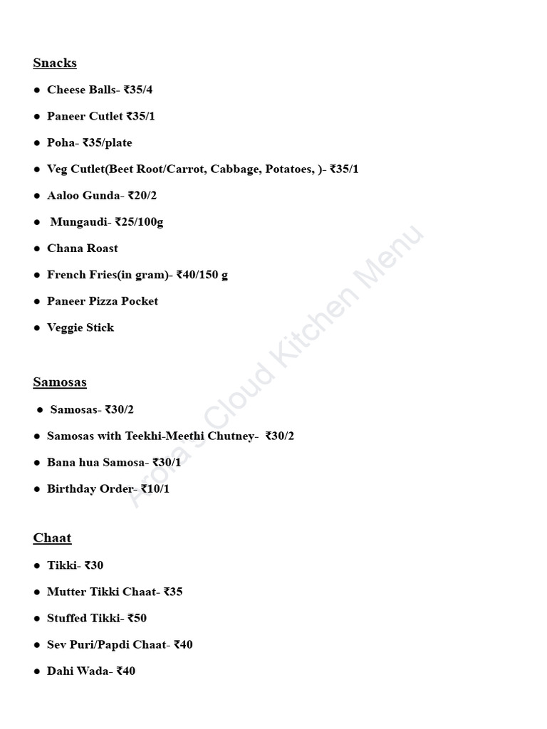 Arora's Cloud Kitchen Menu Offerings | PDF | Hamburgers | Pancake