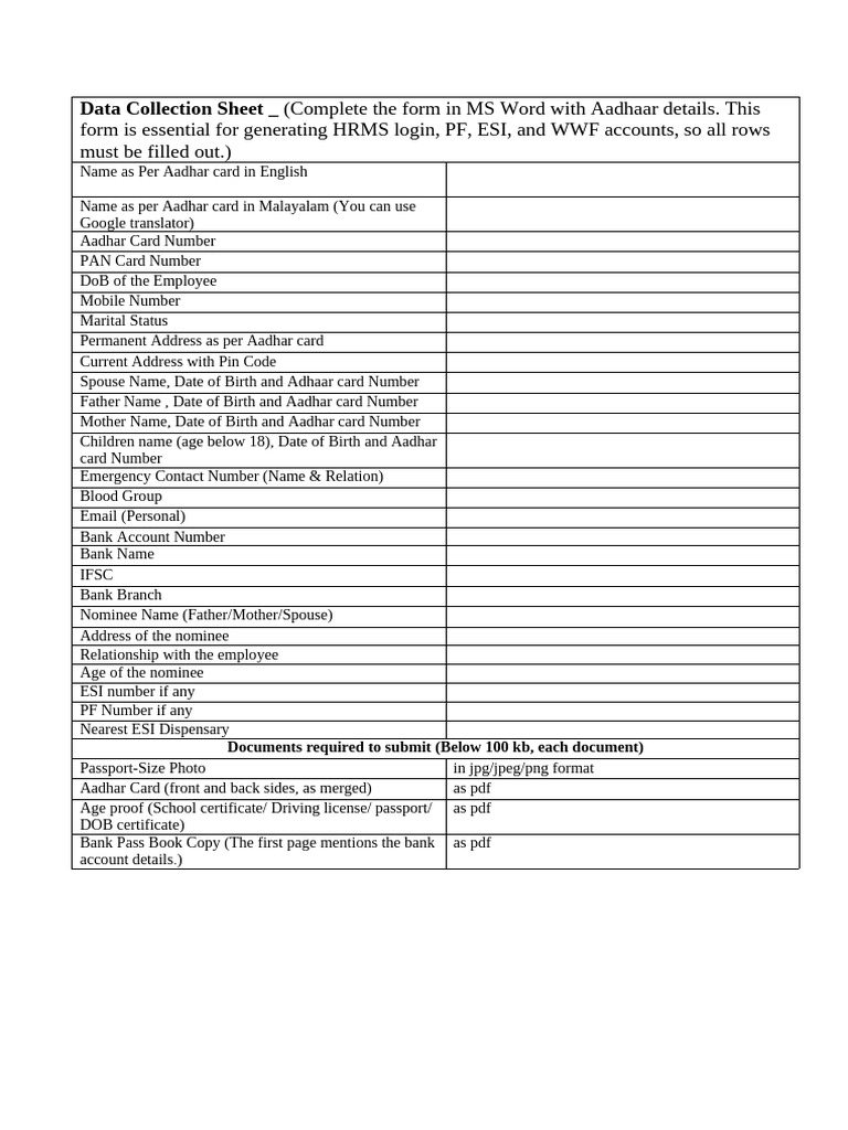 Data Collection Sheet - New Joiners | PDF
