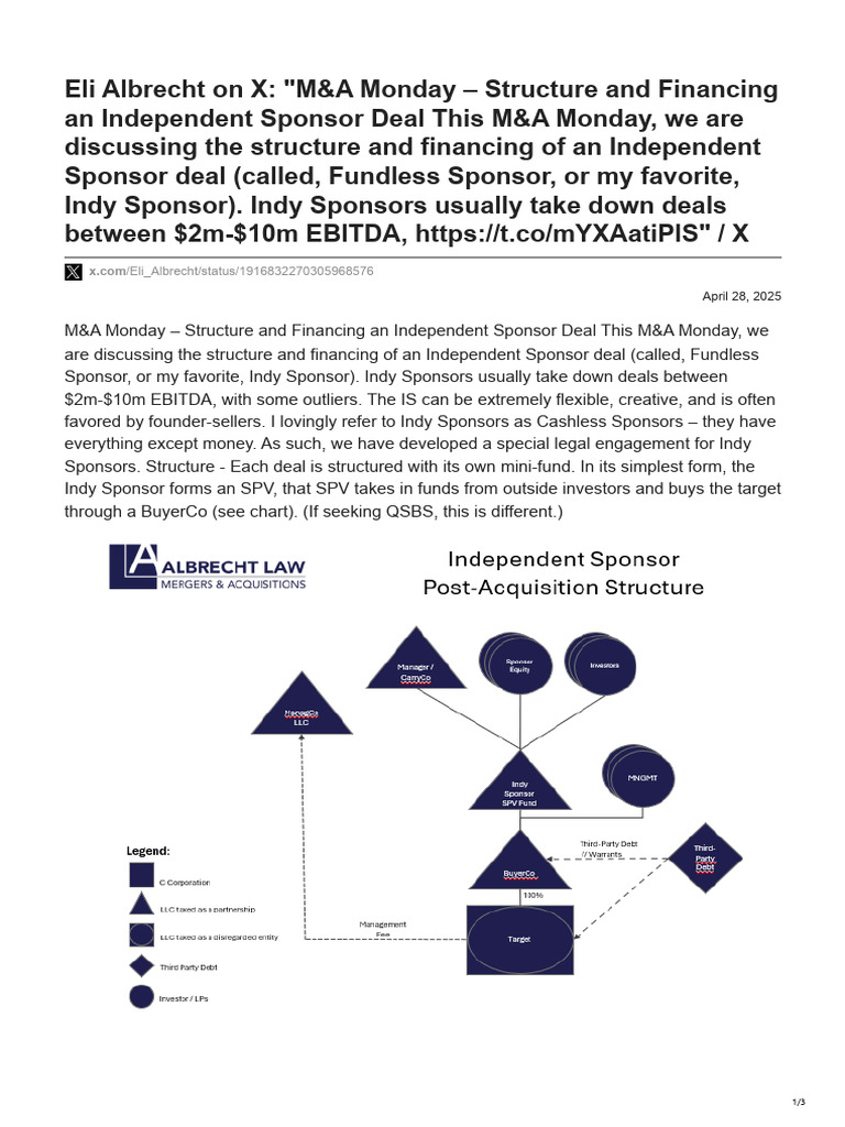 Eli Albrecht On X MA Monday Structure and Financing An Independent ...