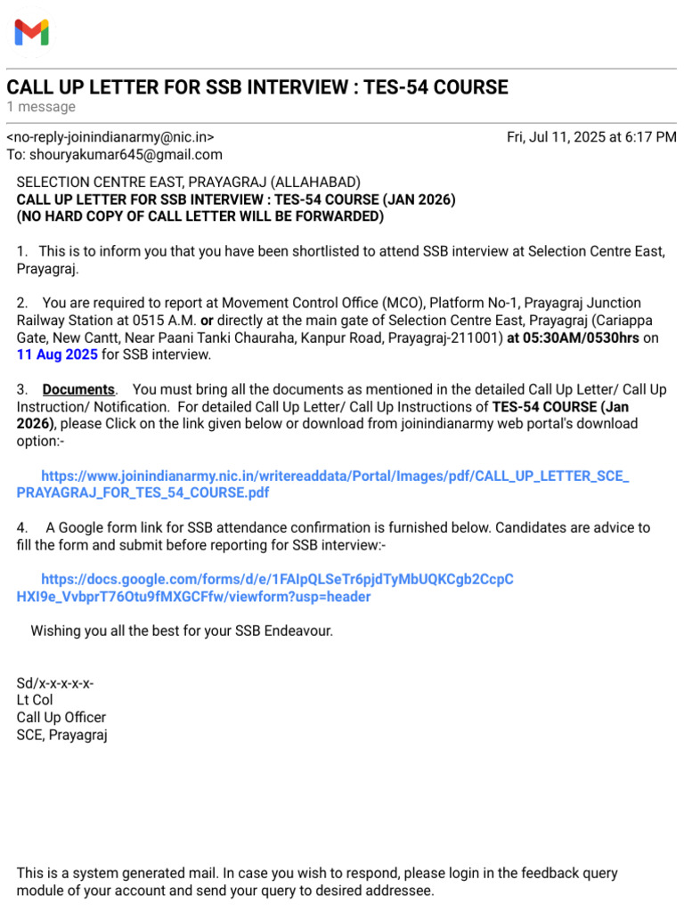 SSB Interview Call Up: TES-54 Course | PDF