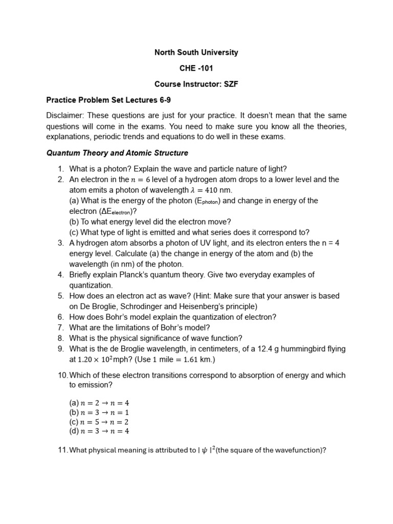 Practice Problem Set-Lec 6-9 | PDF | Photon | Atomic Orbital