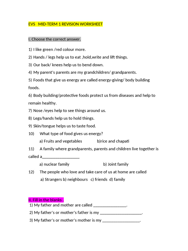 EVS Mid-Term 1 Revision Worksheet | PDF | Foods