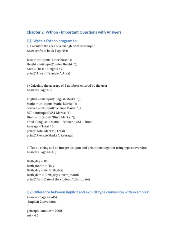 Chapter2 Python Questions Answers | PDF