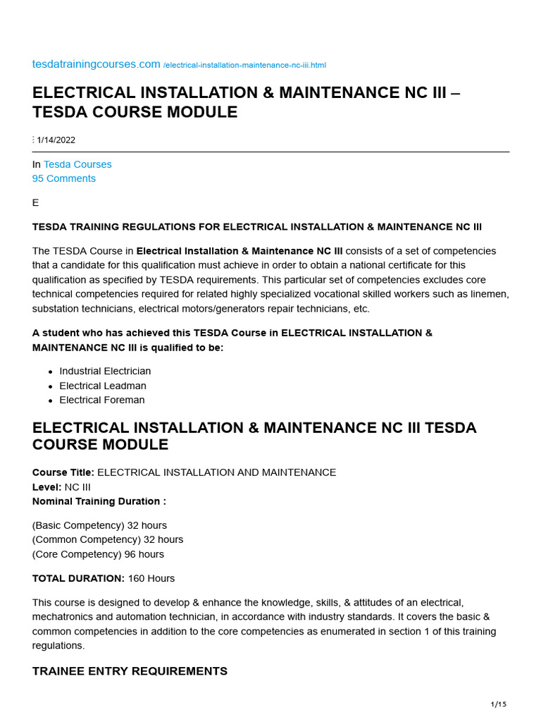 Tesdatrainingcourses.com Electrical Installation Maintenance Nc III ...