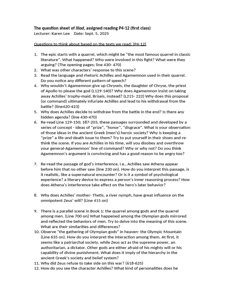 Iliad 0905 - Questions To Focus | PDF | Achilles | Iliad