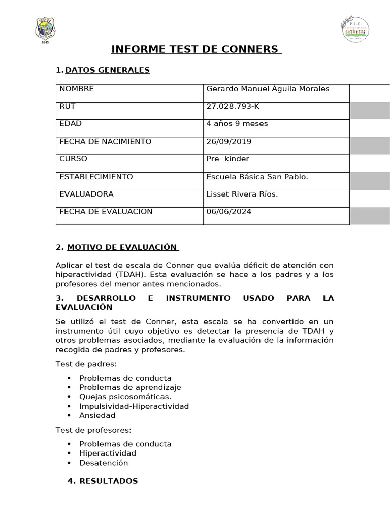 Informe de Test de Conner | PDF | Desorden hiperactivo y deficit de ...