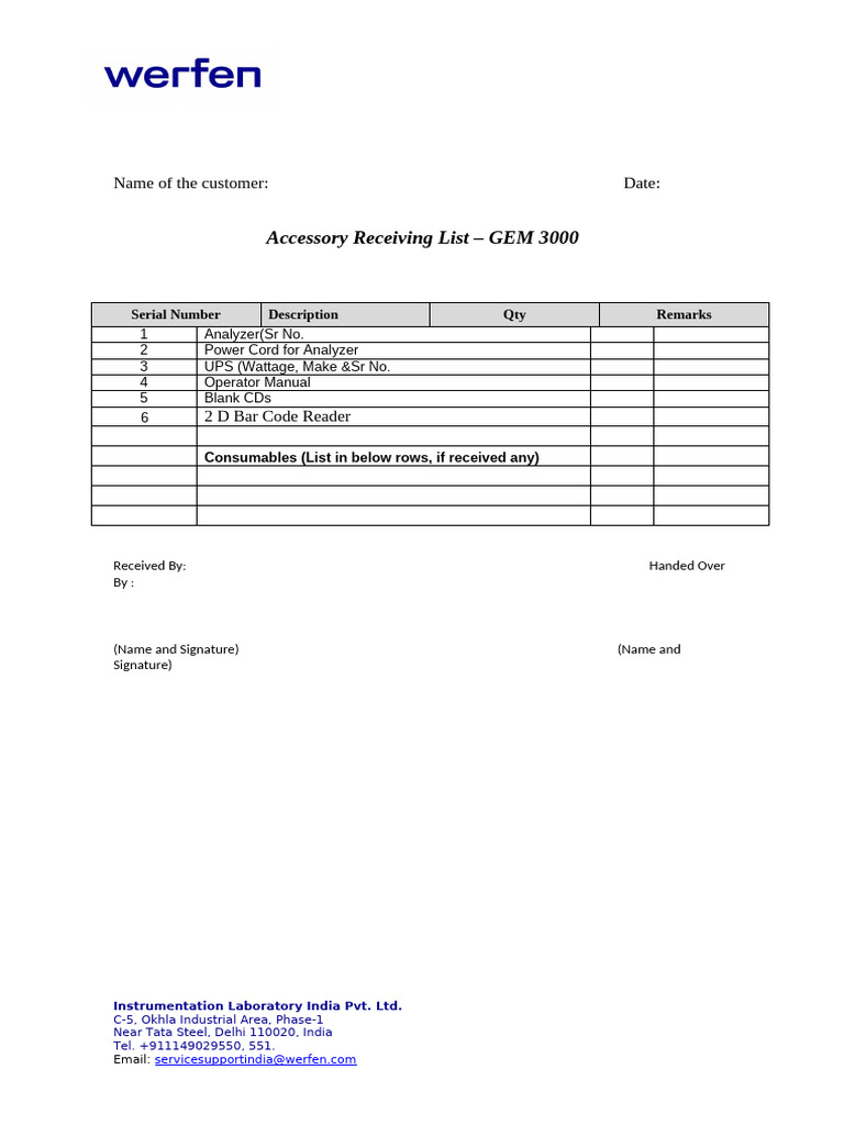 Accessory Receiving List GEM 3500 | PDF