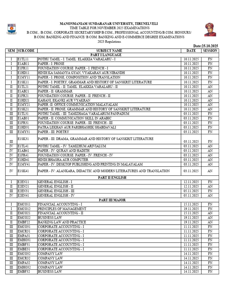 Theory Time Table - November 2025 Examinations | PDF | Business | Accounting