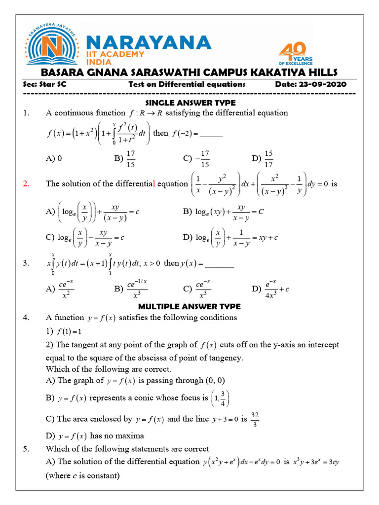 Test On Differential Equations 23-09-2020 | PDF | Mathematical Analysis ...