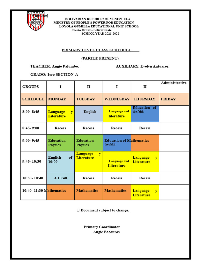 Semipresential Class Schedule Primary Level 2 | PDF | Science ...