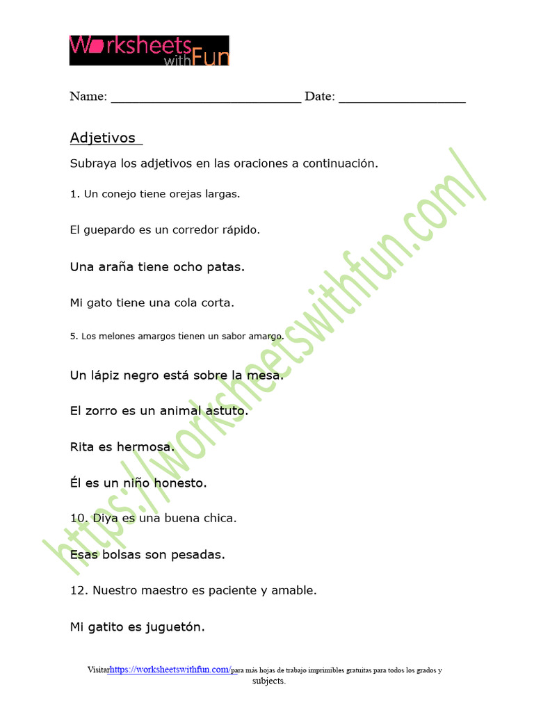 Hoja de Trabajo de Adjetivos 1 | PDF