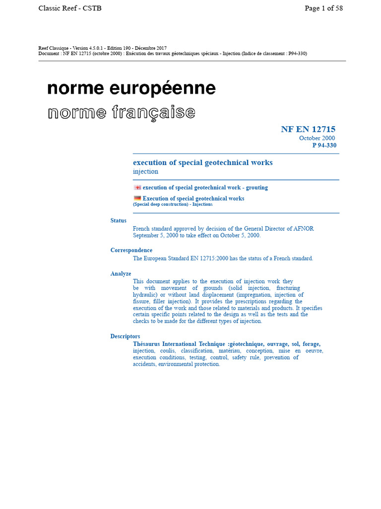 NF EN 12715: Geotechnical Injection Standards | PDF | Concrete | Fracture
