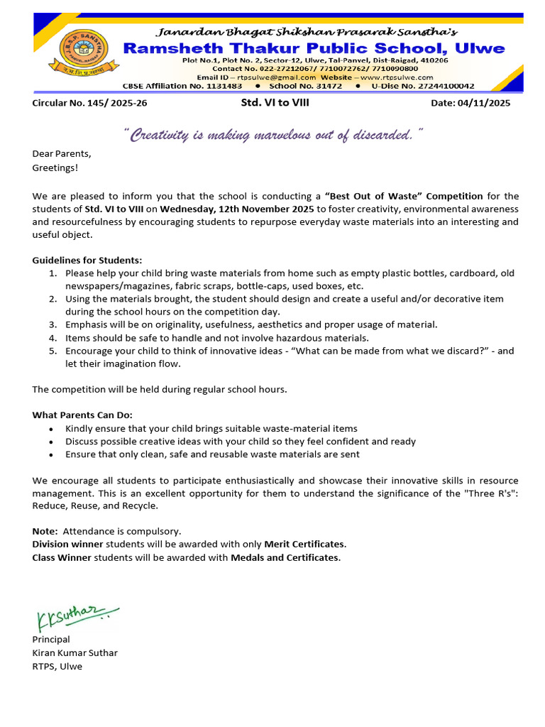 Circular No.145 Best Out of Waste Competition Std. VI-VIII | PDF