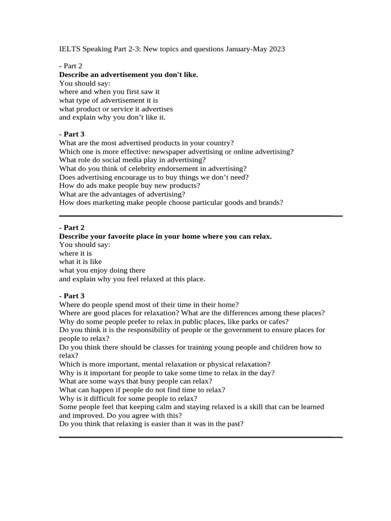IELTS Speaking Topics January-May 2023 | PDF | Friendship | Advertising