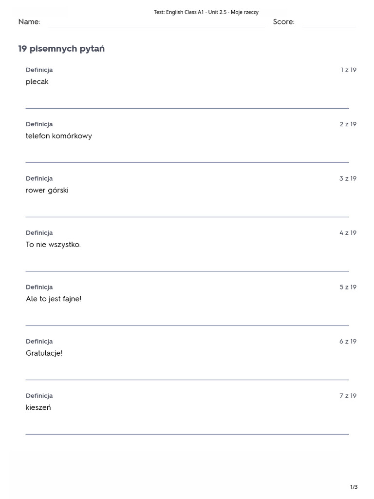 Test English Class A1 Unit 2 Przyklady (1) | PDF