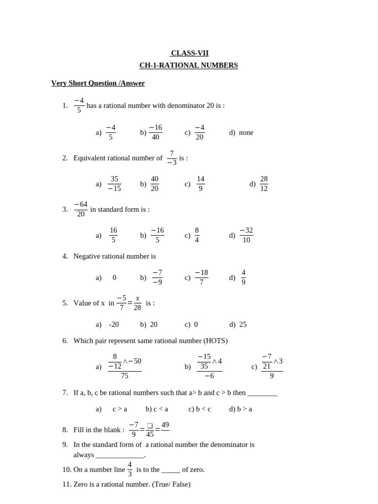 Class 7 Rational Numbers Questions | PDF | Numbers | Rational Number