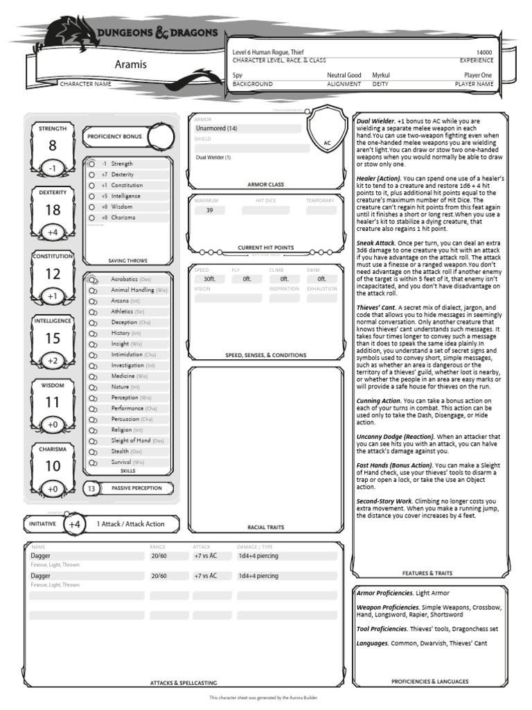 D&D 5E Character Sheet: Human Rogue | PDF | D20 System | Dungeons & Dragons