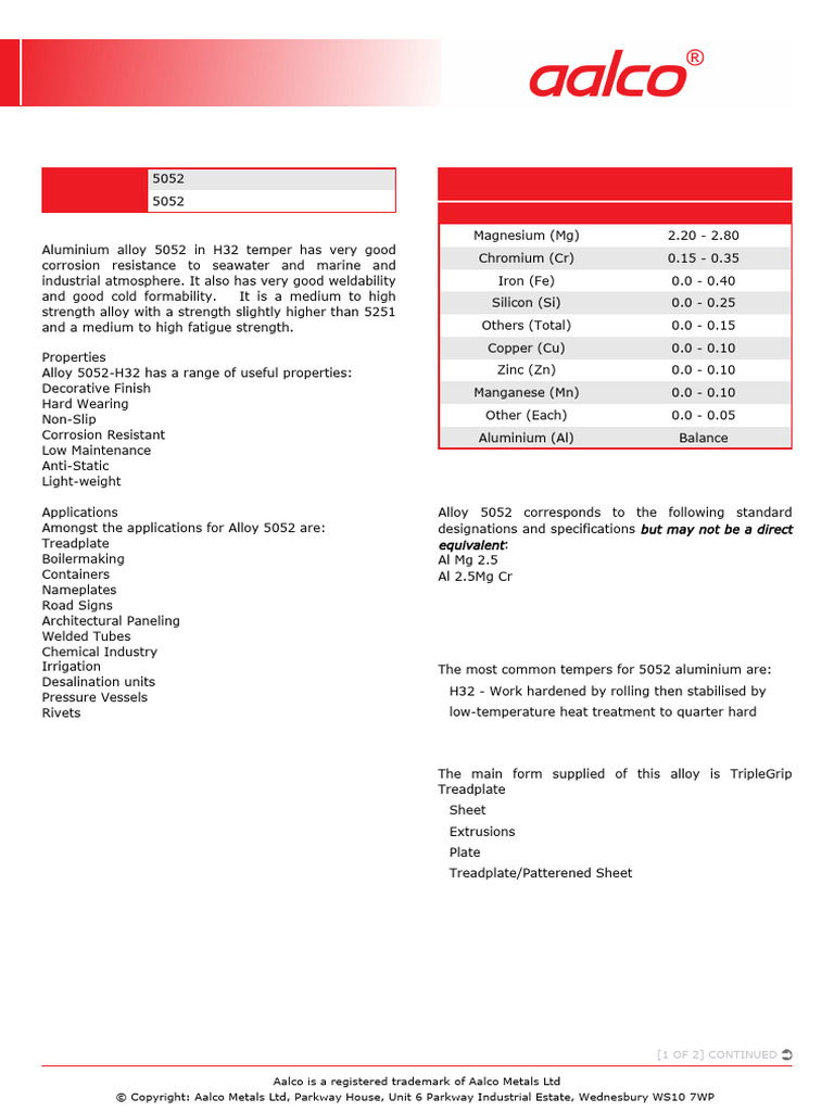 5052 Aalco Metals Ltd Aluminium Alloy 5052 H32 Sheet and Treadplate 138 ...