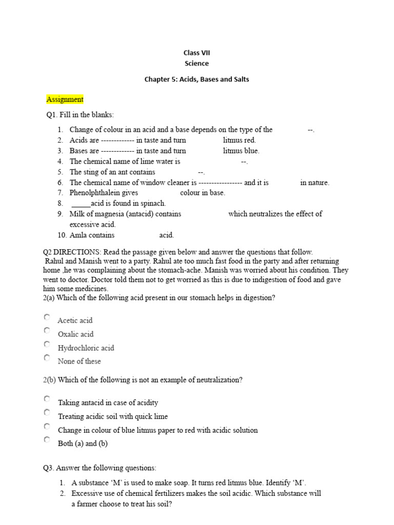 Assignment - Acids Bases and Salts-Assignment | PDF | Acid | Chemical ...