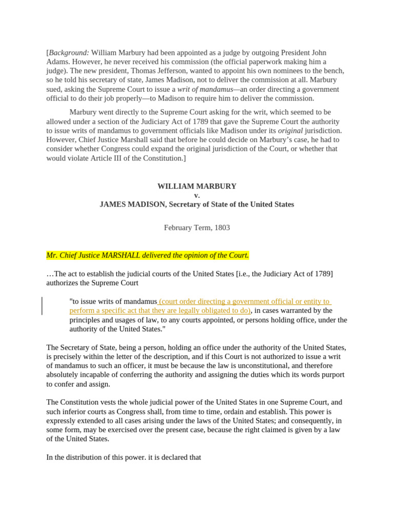Marbury v. Madison: Judicial Authority Explained | PDF | Judiciary Act ...