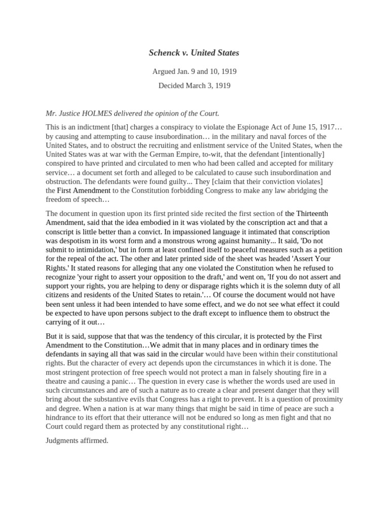 Schenck V US-1 | PDF | United States Public Law | Federal Government Of ...