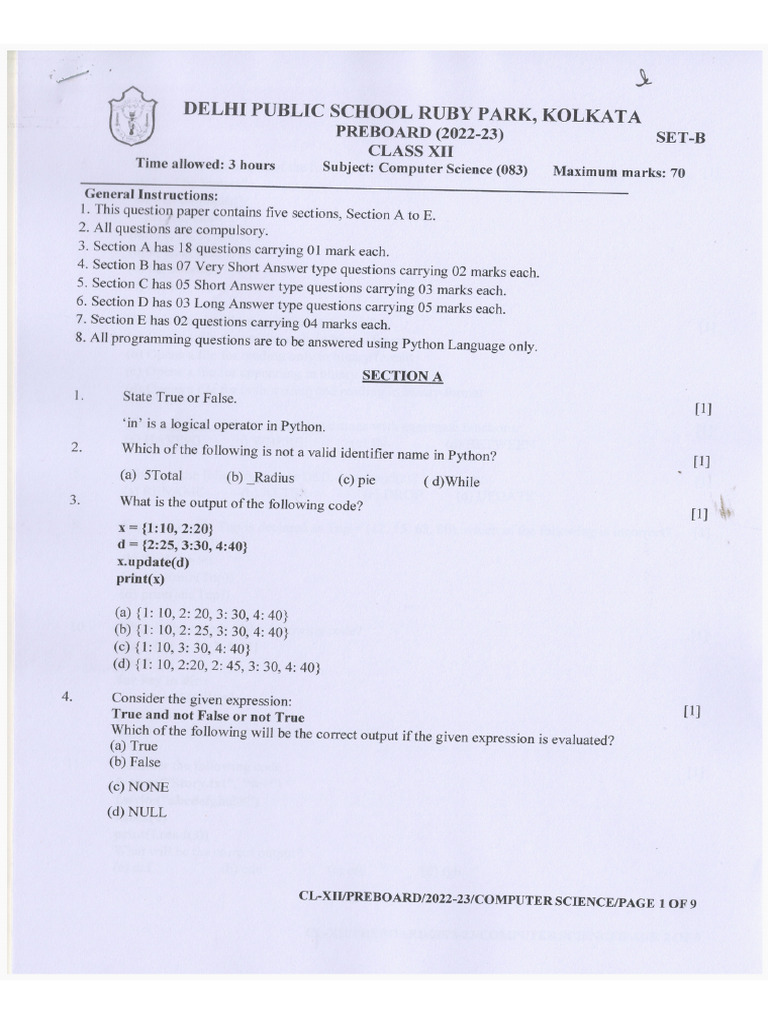 CL XII - Pre Board-Comp Science 2022-23 | PDF