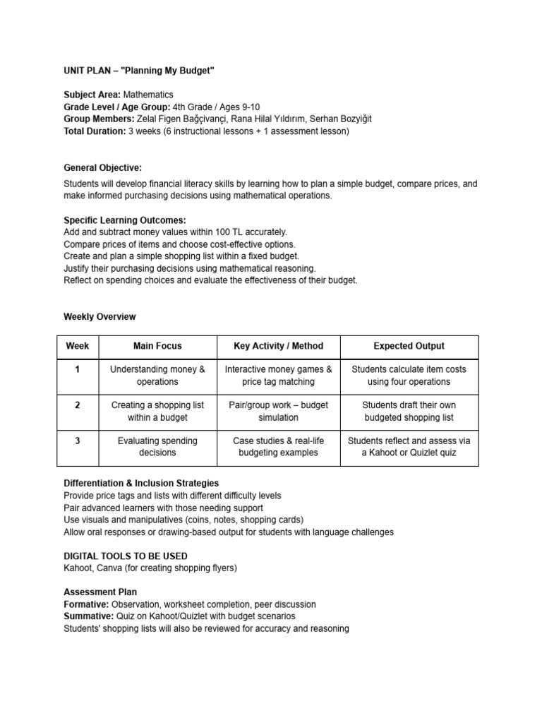 4th Grade Budget Planning Unit Plan | PDF | Lesson Plan | Teachers