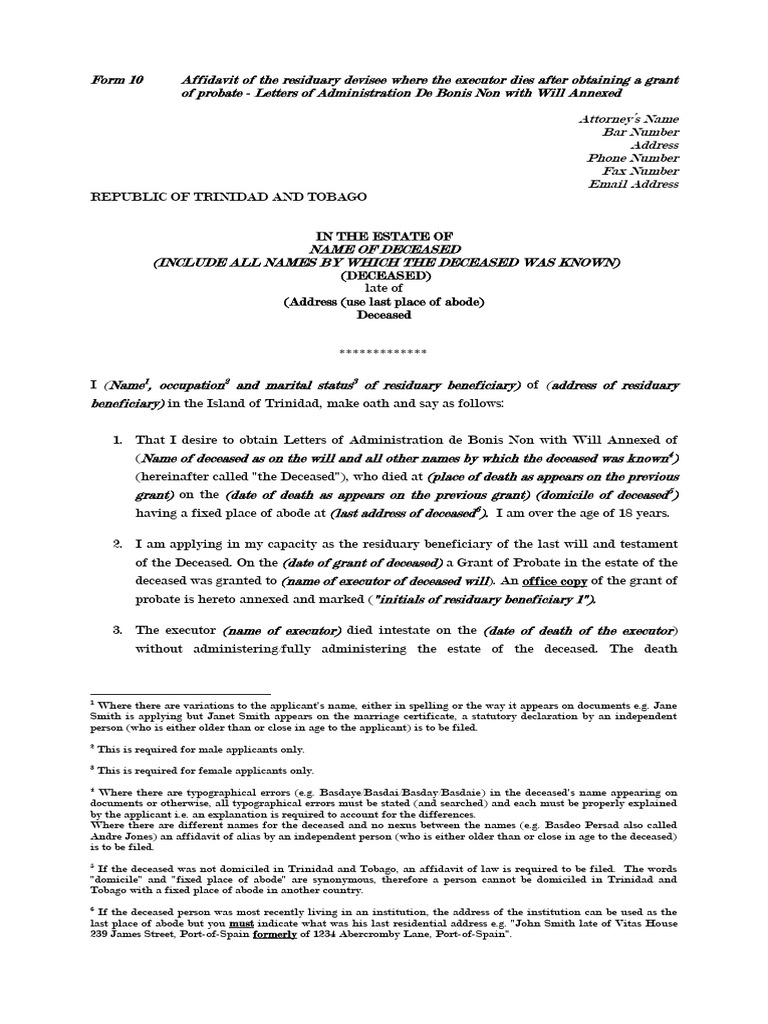 Affidavit of Residiary Devisee Executor Dies After Obtaining a Grant of ...