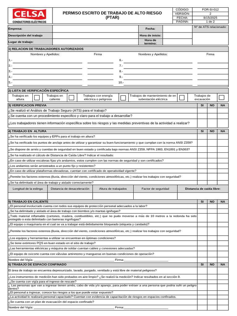 For-SI-012 Permiso Escrito Para Trabajos de Alto Riesgo (PETAR) (Ver. 2) (2) | PDF | Ingenieria ...