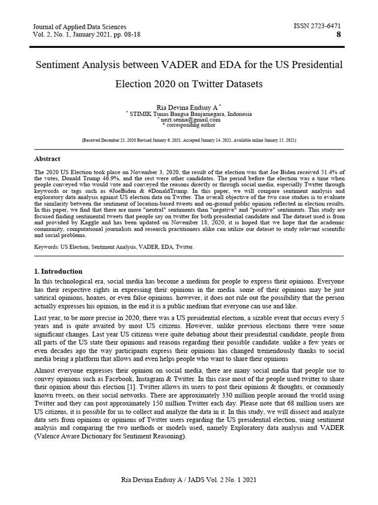 Sentiment Analysisbetween VADERand EDAforthe USPresidential Election ...