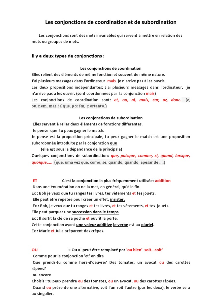Les Conjonctions de Coordination Et de Subordination | PDF | Arts du ...