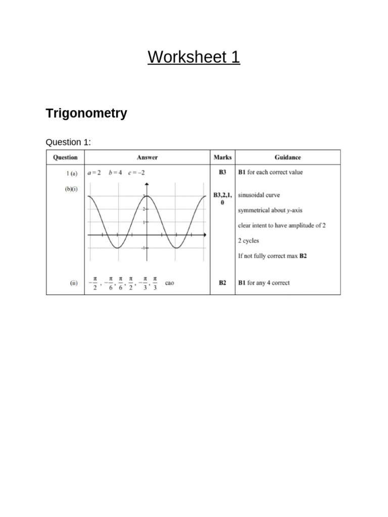 Worksheet 1 Trigonometry (AnswerKey) | PDF