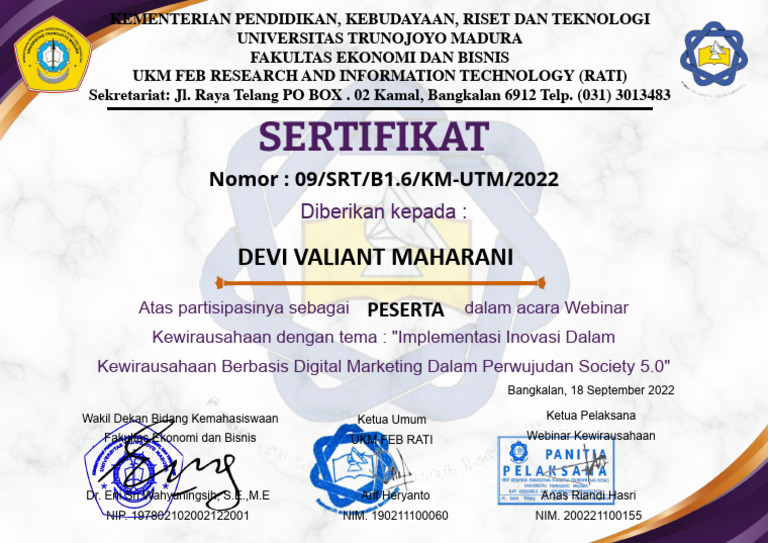 DEVI VALIANT MAHARANI - Sertifikat Webinar Nasional Kewirausahaan 2022 ...