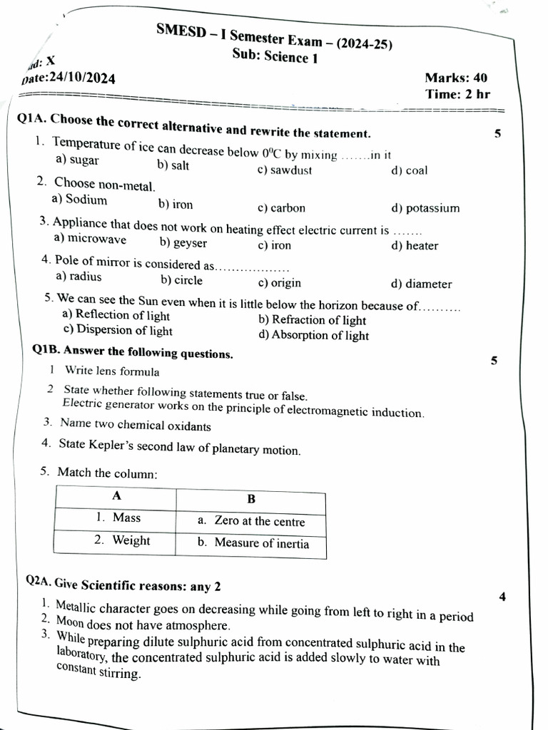 10th Science 1 (1st Semester Exam) | PDF | Sulfuric Acid | Light