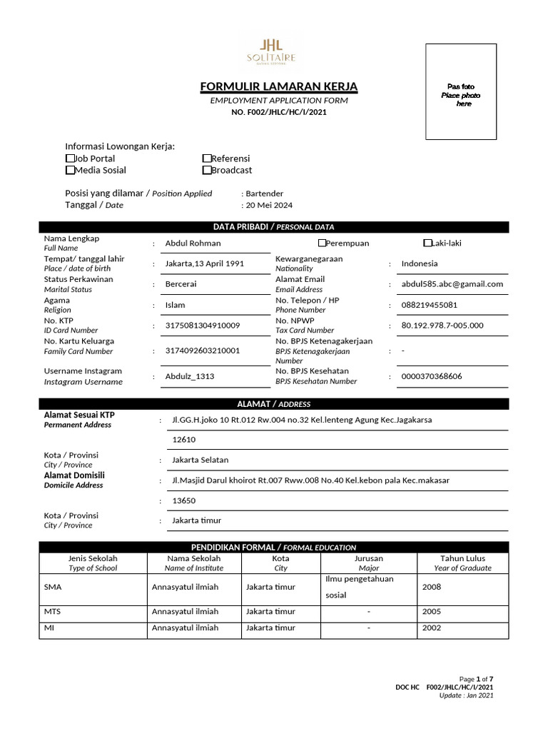 F002 - Application Form-Template | PDF | Bartender