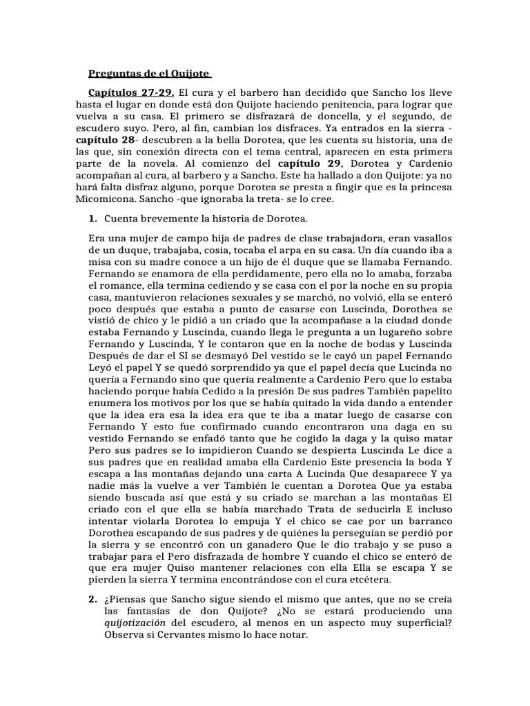 Preguntas de El Quijote Capítulos 27-29.: Quijotización | PDF | Don ...